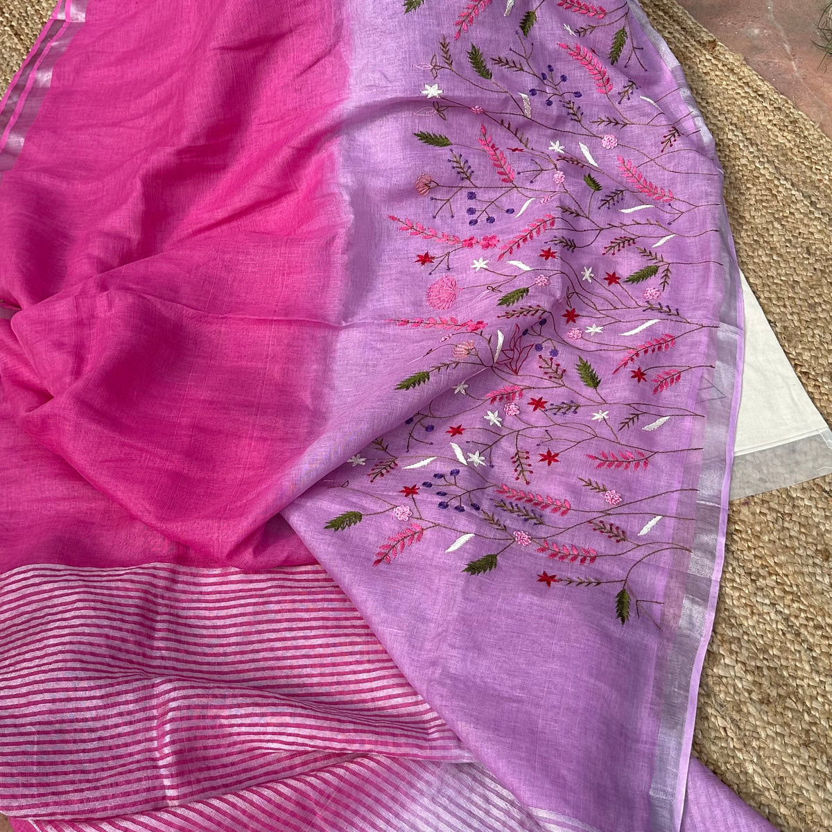 Purple Pink Linen Embroidered Linen Handloom saree – SAMA by Rakhi