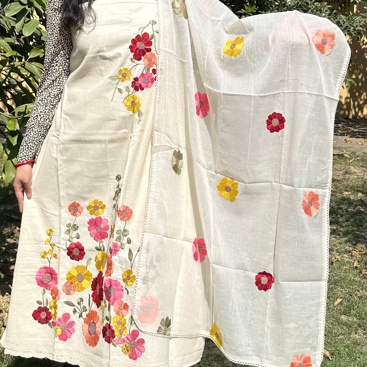 OffWhite Pure Cotton Multicolour Floral Embroidered Suit – SAMA by Rakhi