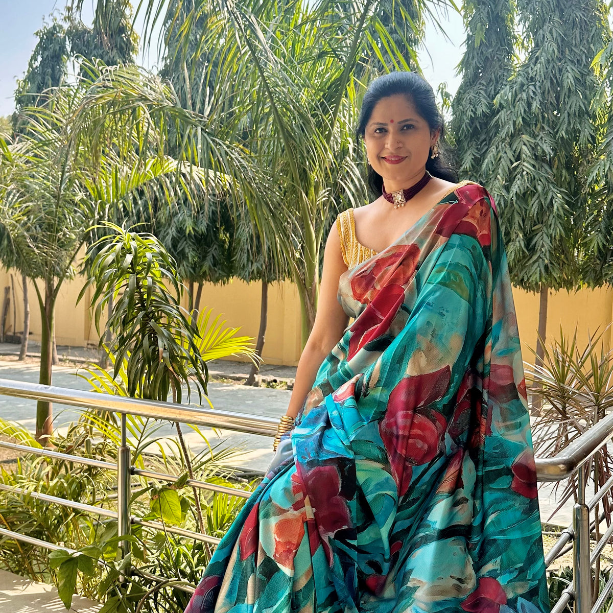 Aqua Blue Floral Satin Saree – SAMA by Rakhi