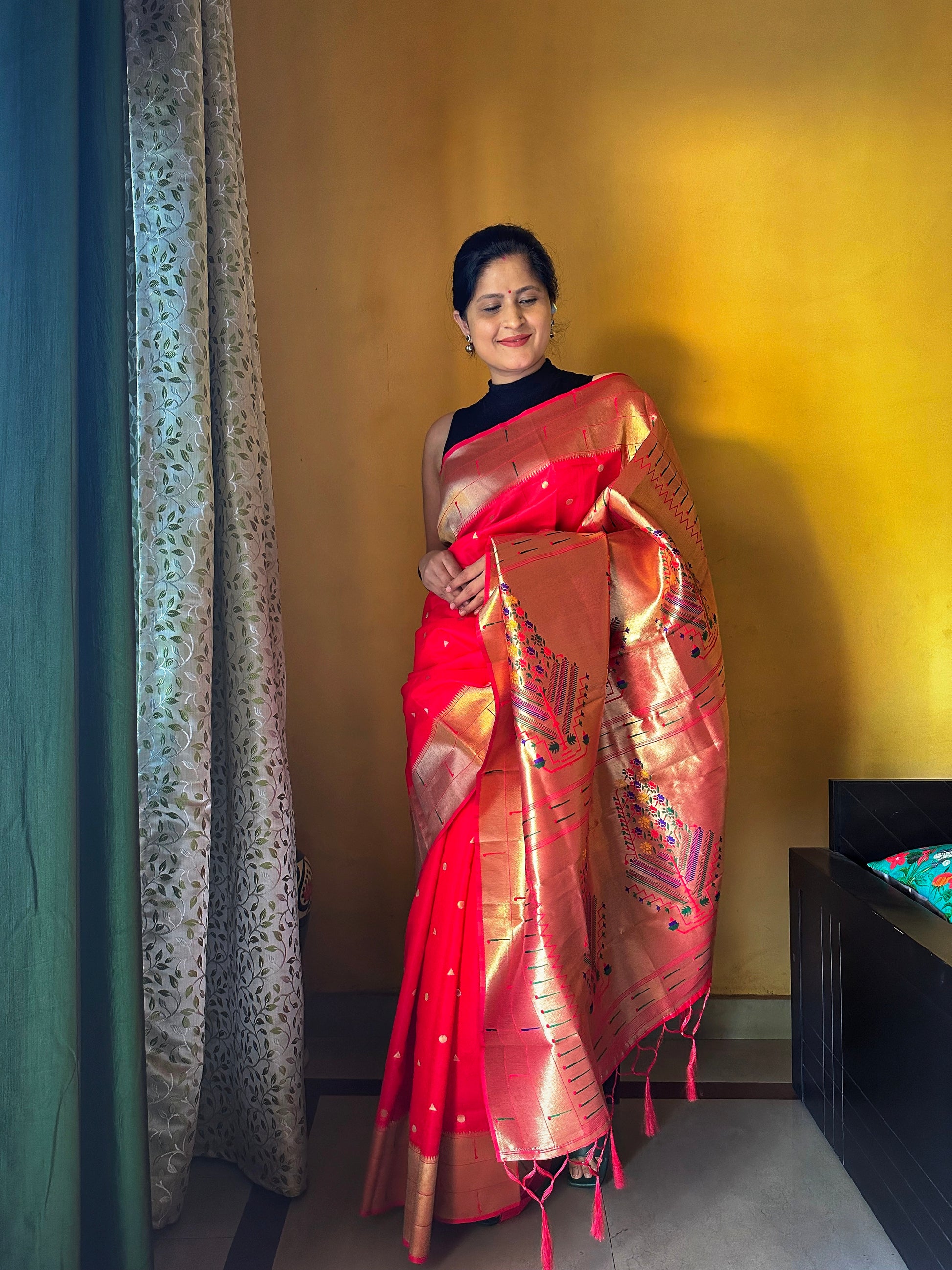 Achala Soft Silk Paithni saree (coral red) – SAMA by Rakhi